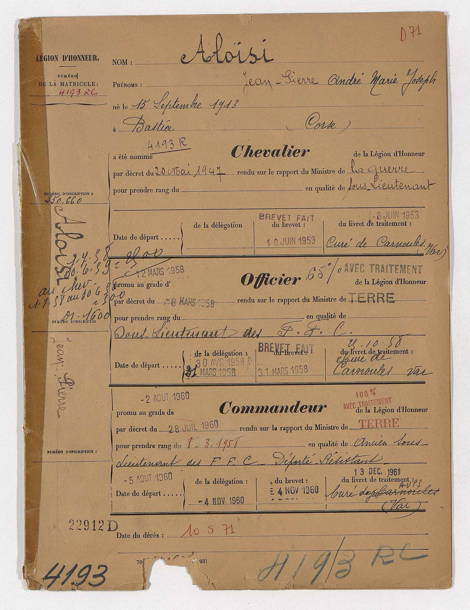 Aloïsi, Jean-Pierre André Marie Joseph (1913-....) (FranceArchives)