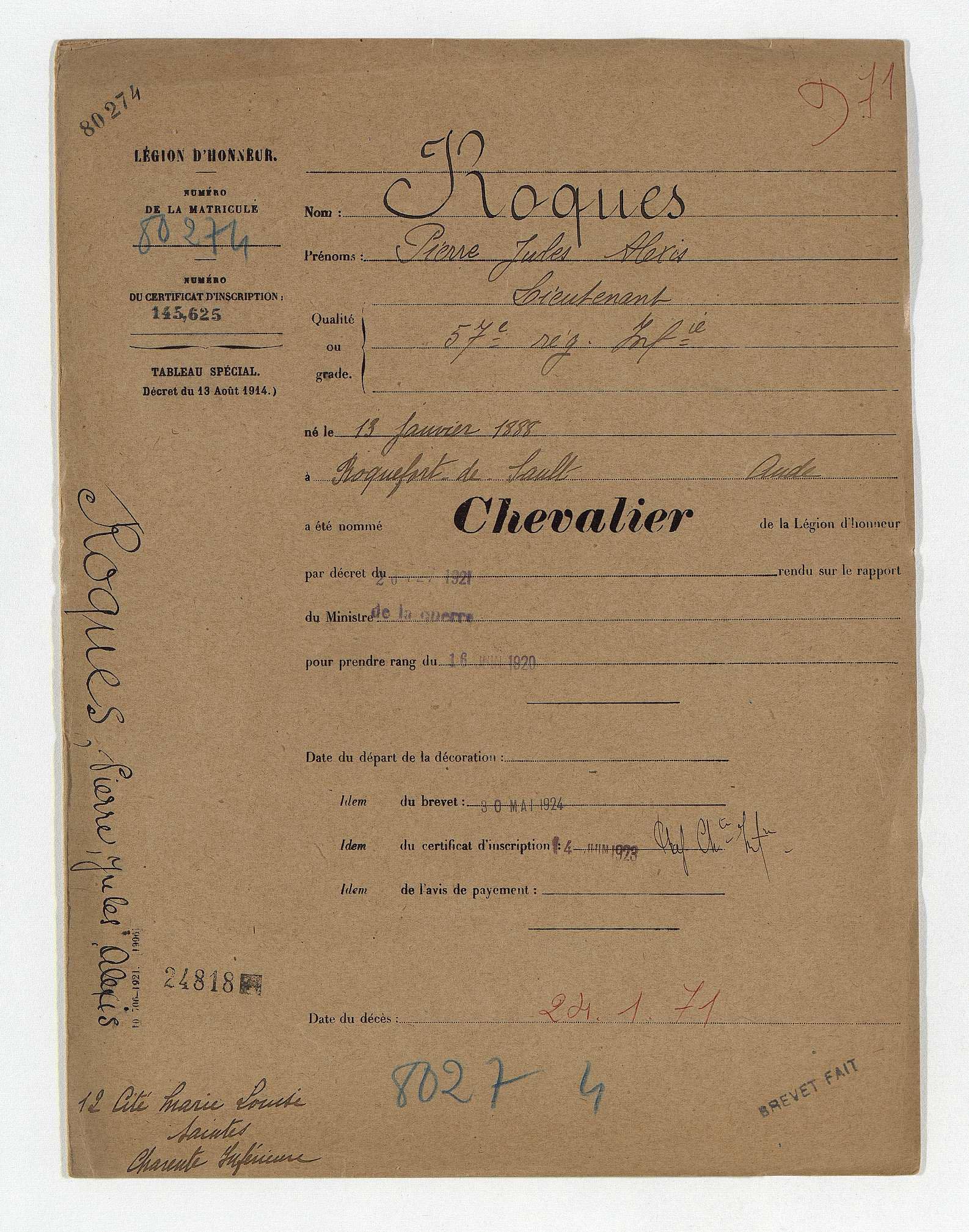 Roques, Pierre Jules Alexis (1888-....) (FranceArchives)