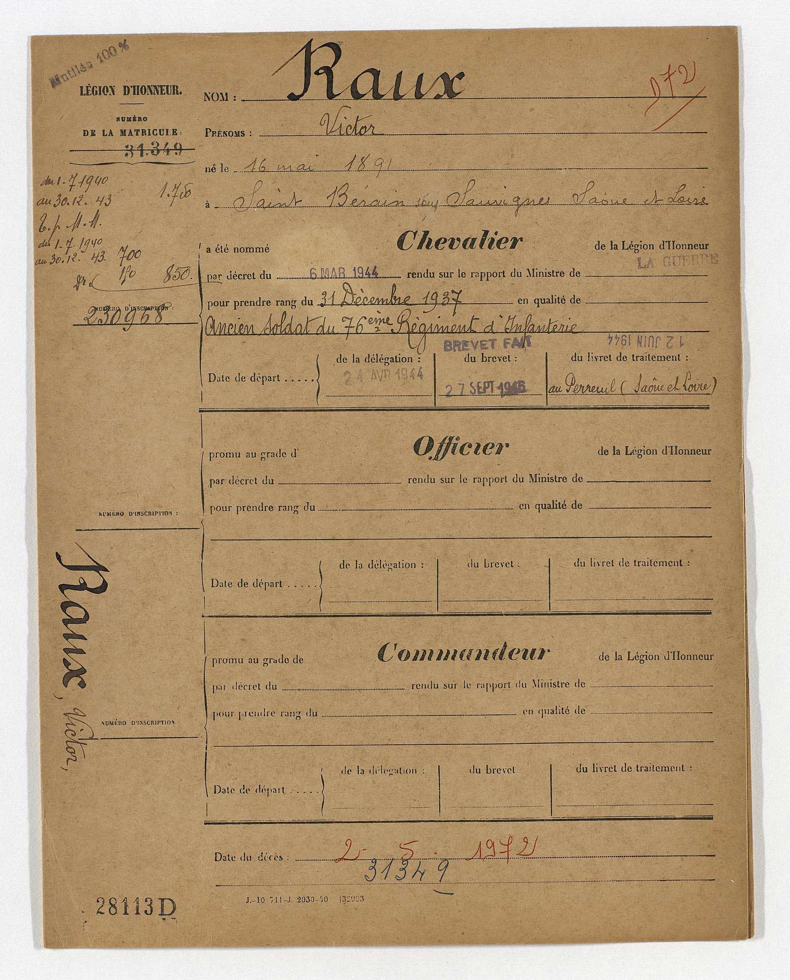 Raux, Victor (1891-....) (FranceArchives)