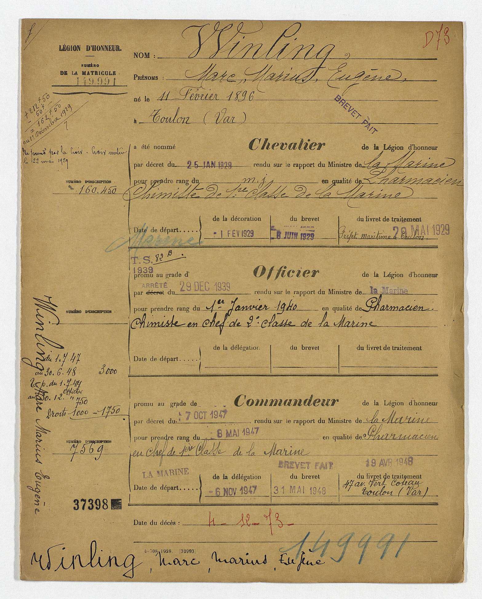 Winling, Marc Marius Eugène (1896-....) (FranceArchives)