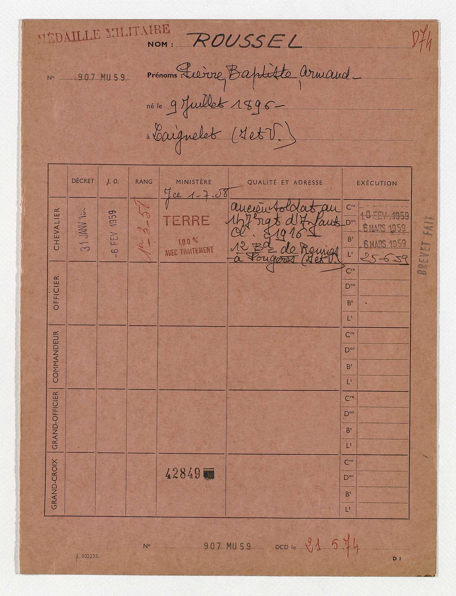 Roussel, Pierre Baptiste Armand (1896-....) (FranceArchives)