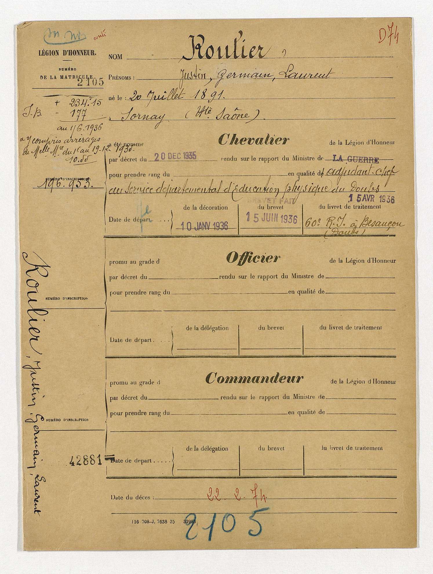 Roulier, Justin Germain Laurent (1891-....) (FranceArchives)