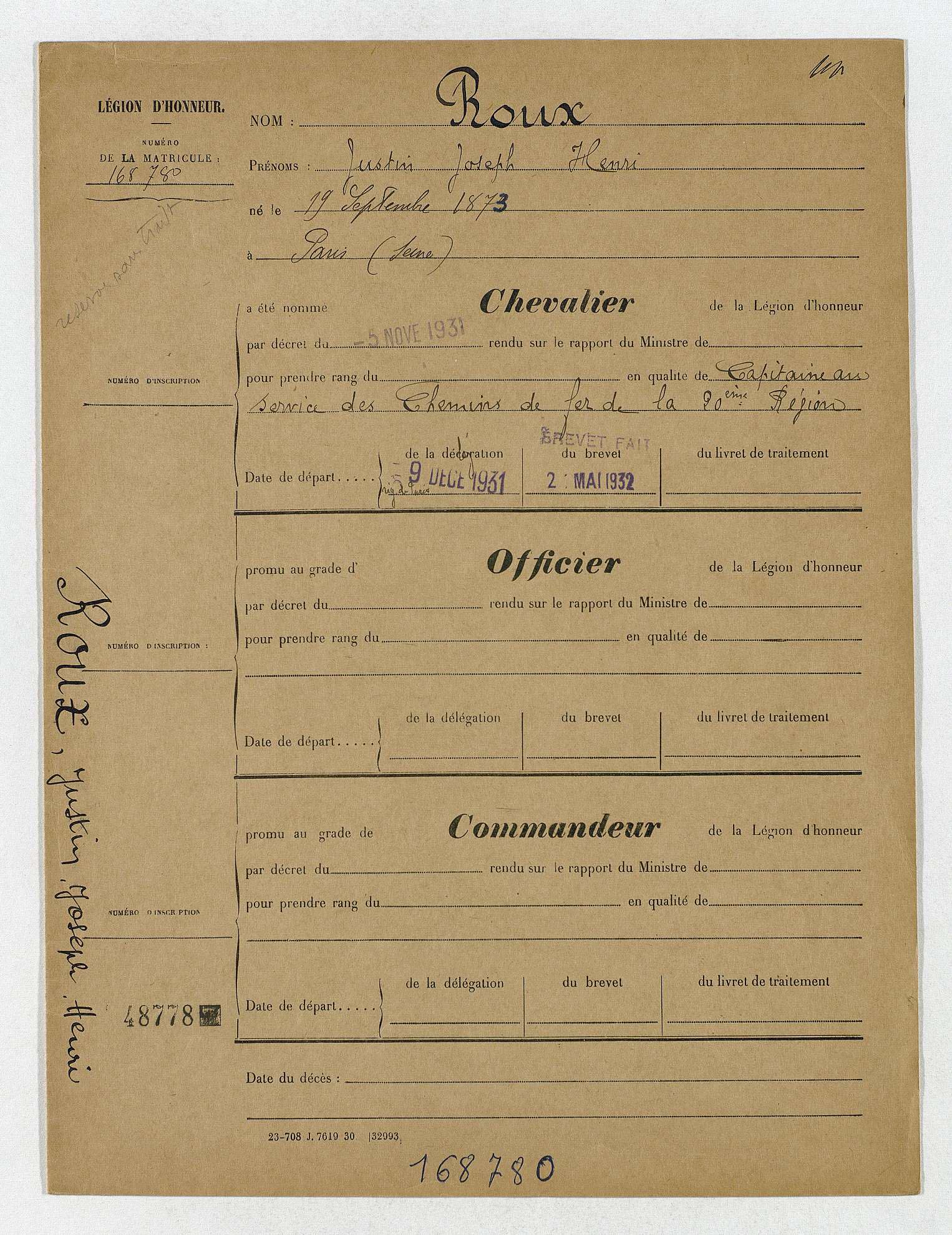 Roux, Justin Joseph Henri (1873-....) (FranceArchives)