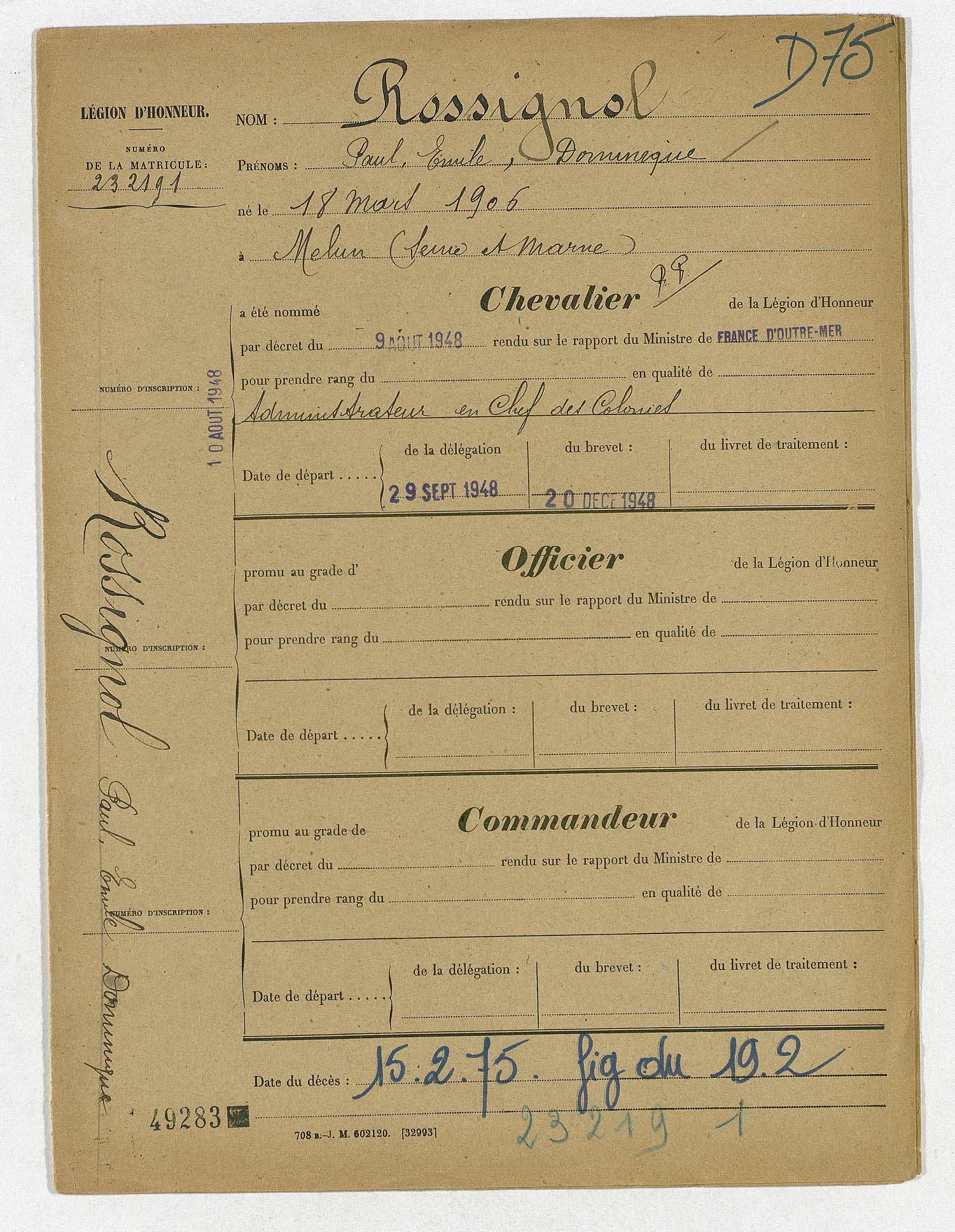 Rossignol, Paul Emile Dominique (1906-....) (FranceArchives)