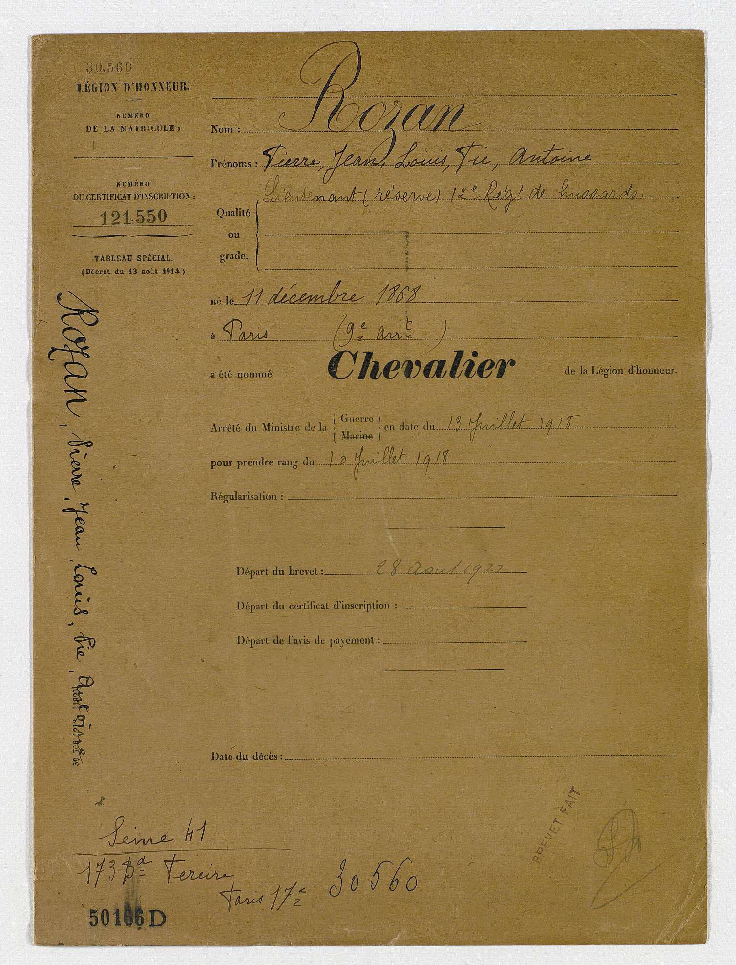 Rozan, Pierre Jean Louis Pie Antoine (1868-....) (FranceArchives)