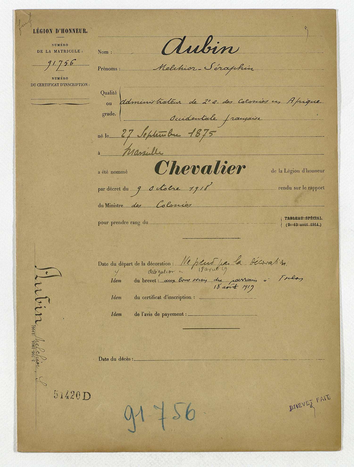 Aubin, Melchior Séraphin (1875-....) (FranceArchives)