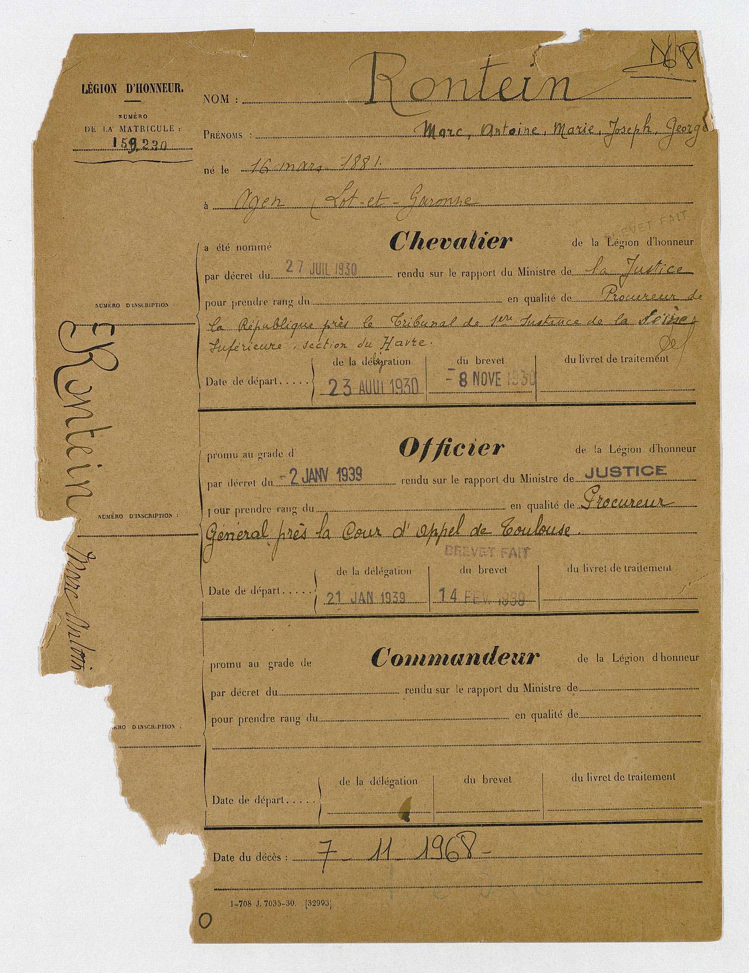 Rontein, Marc Antoine Marie Joseph Georges (1881-....) (FranceArchives)