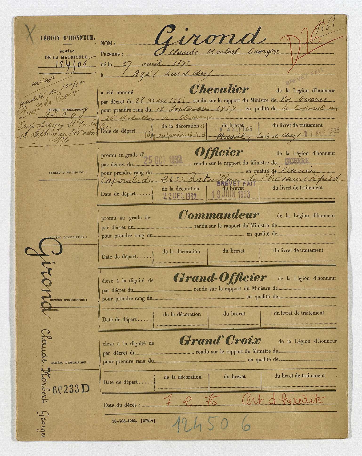 Girond, Claude Norbert Georges (1892-....) (FranceArchives)