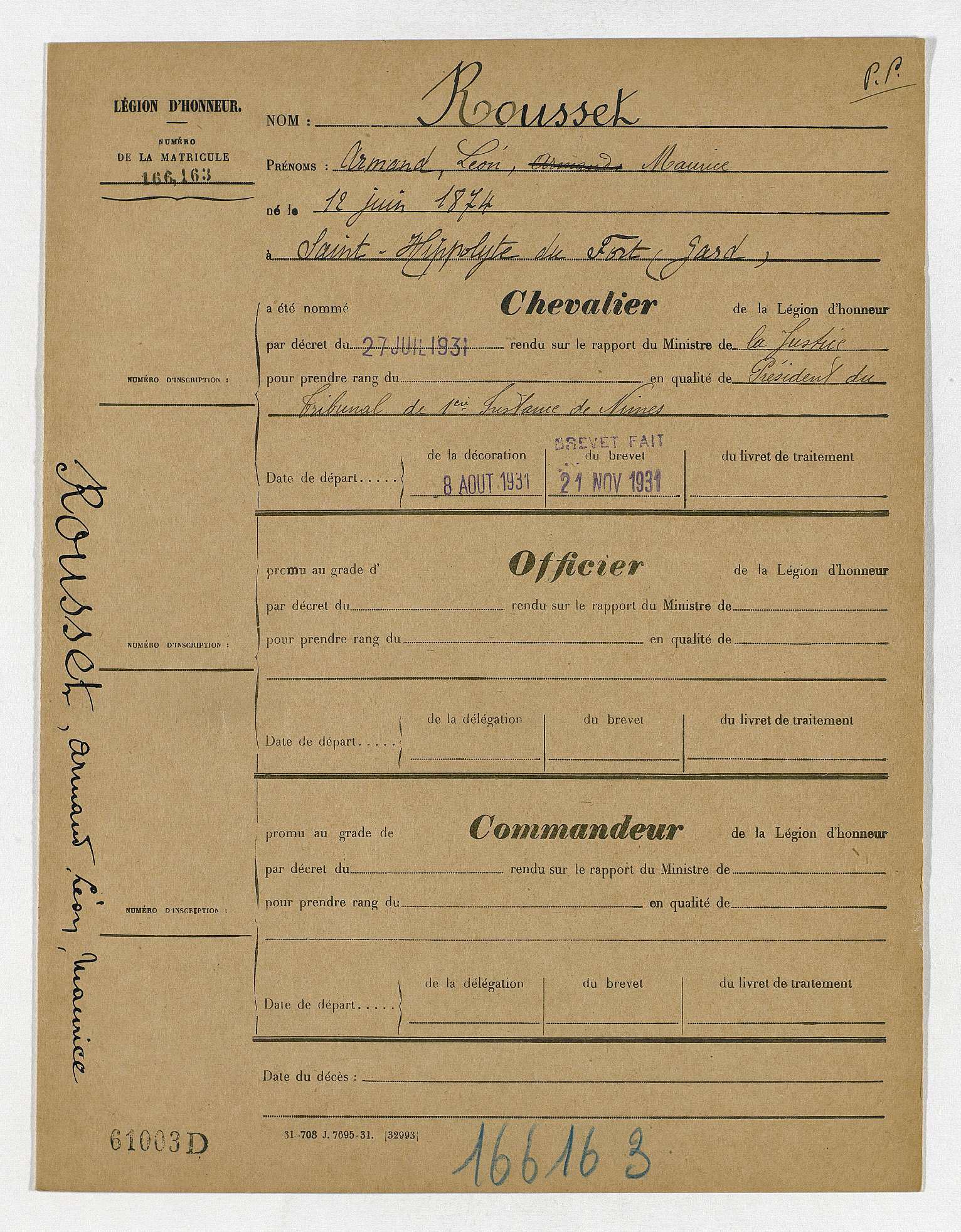 Rousset, Armand Léon Maurice (1874-....) (FranceArchives)