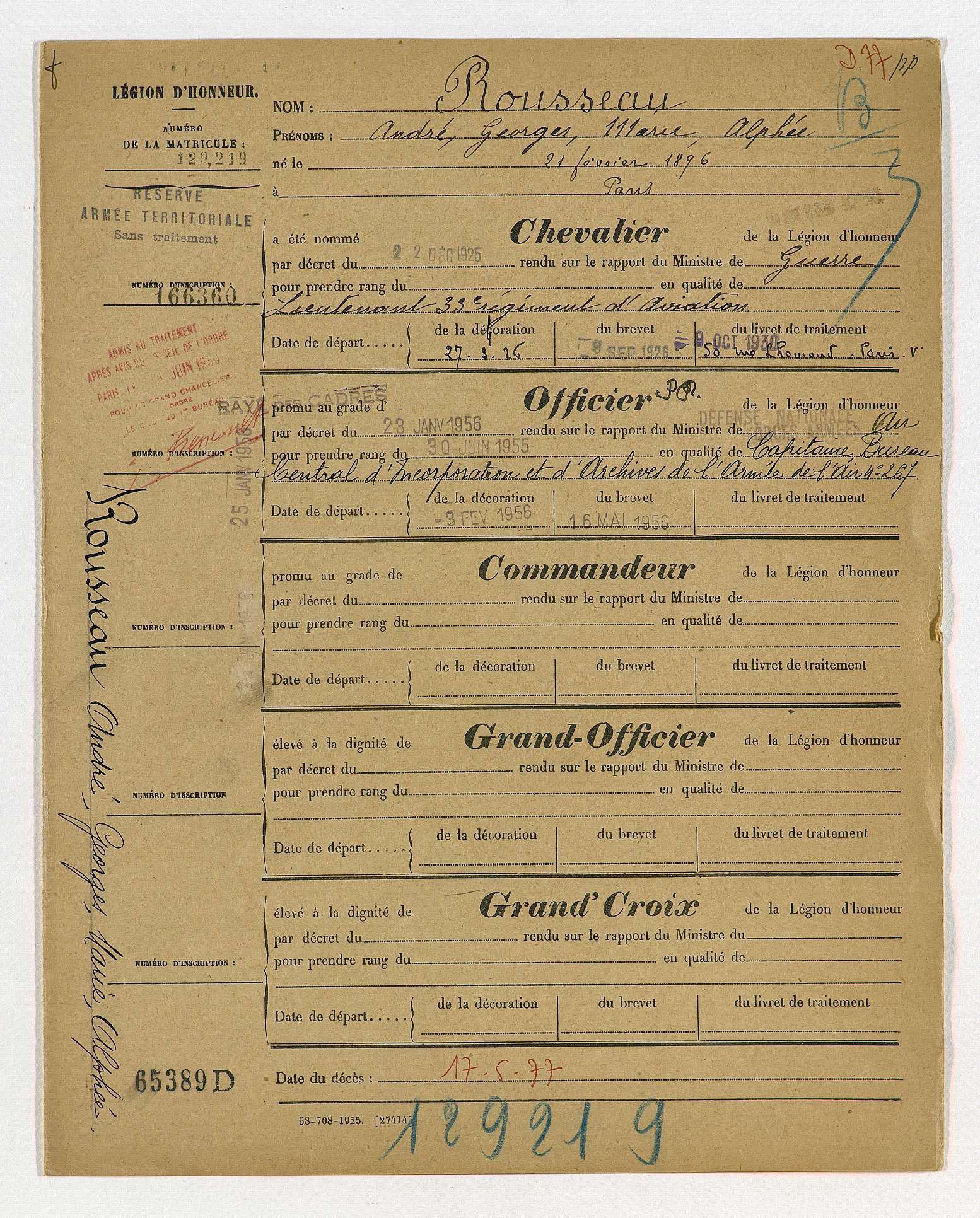 Rousseau, André Georges Marie Alphée (1896-....) (FranceArchives)